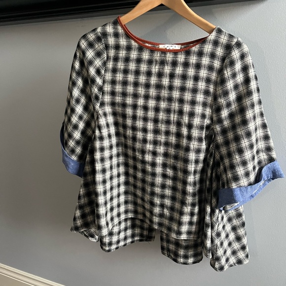 THML | Tops | Thml Plaid With Leather And Denim Detail Blouse | Poshmark